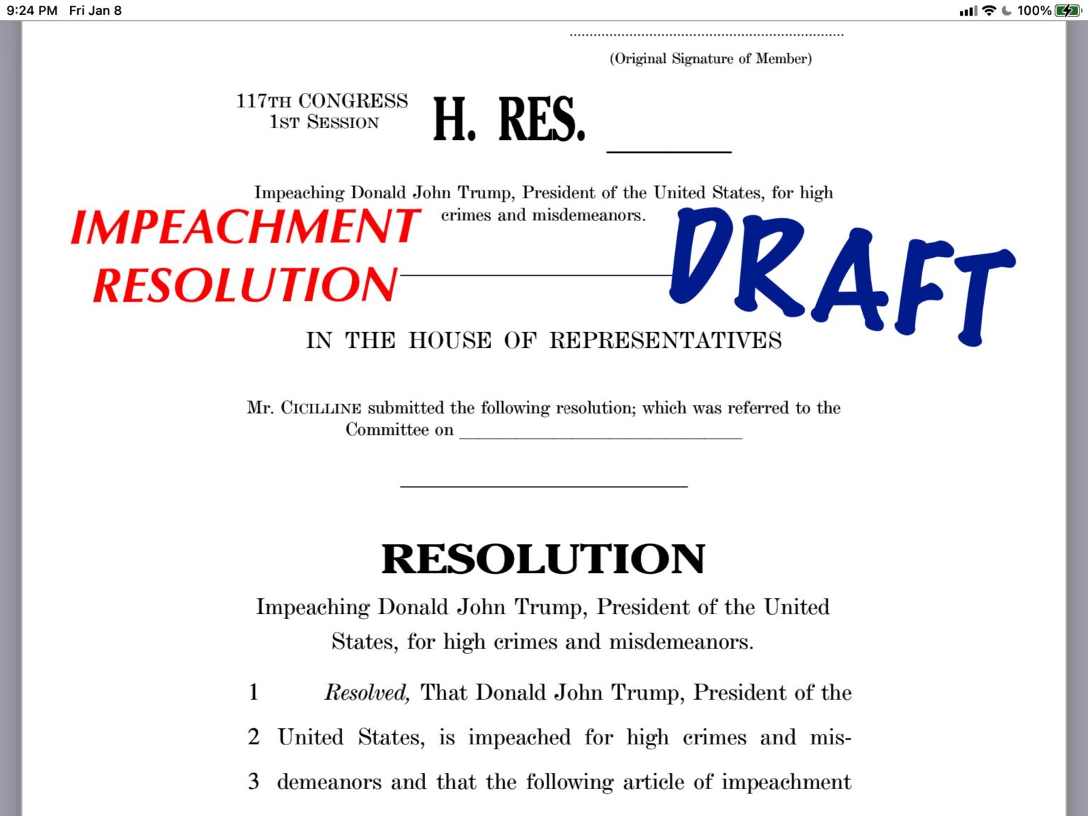 Breaking: Read The Draft Article of Impeachment - A Friendly Letter